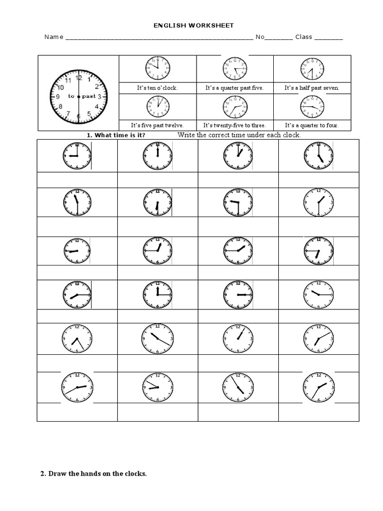 Write The Correct Time Under Each Clock.: Name - No - Class | PDF