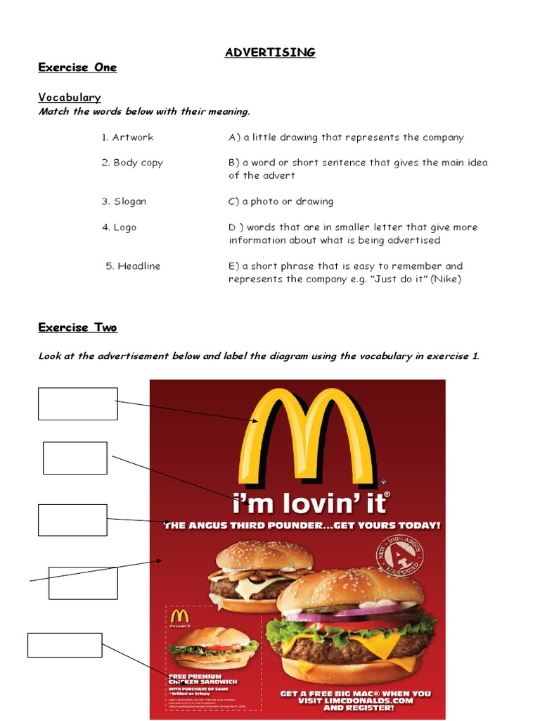 Vocabulary: Advertising Exercise One | PDF