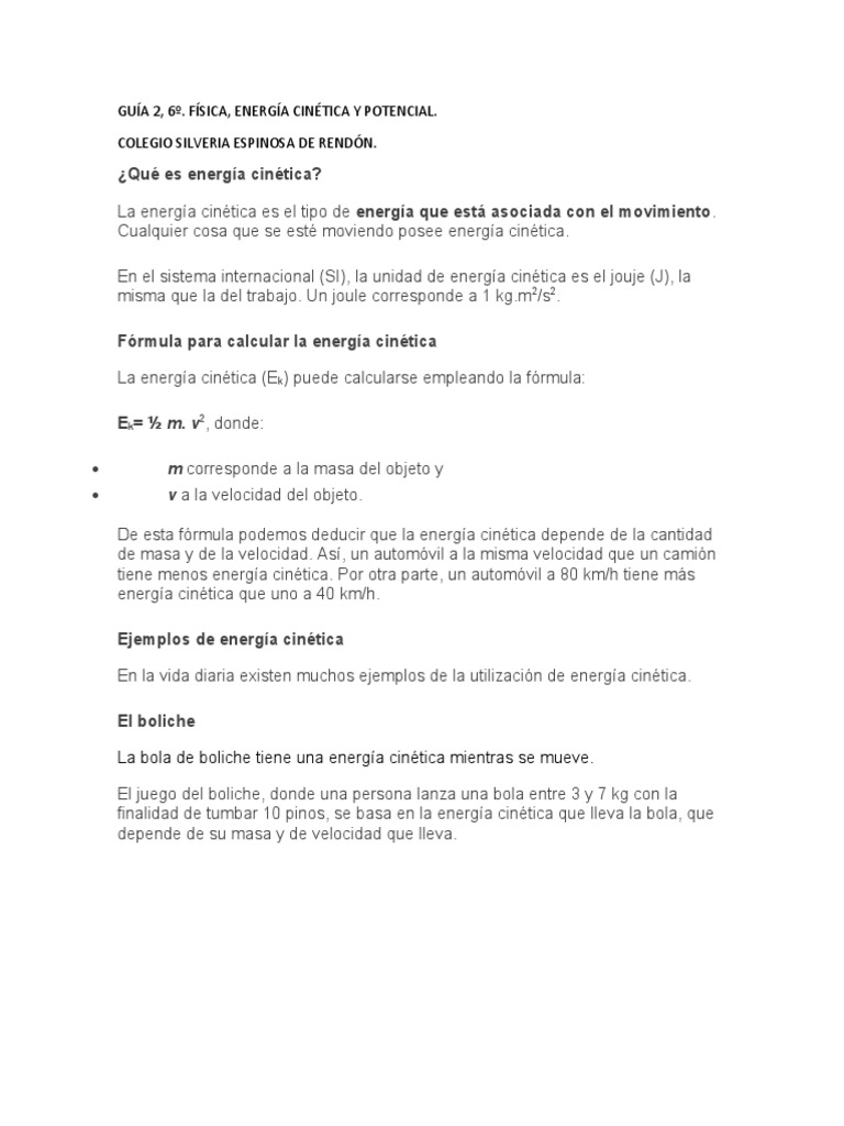 GUÍA 2, 6º, Física Ek y Ep. | PDF | Energía cinética | Energía potencial