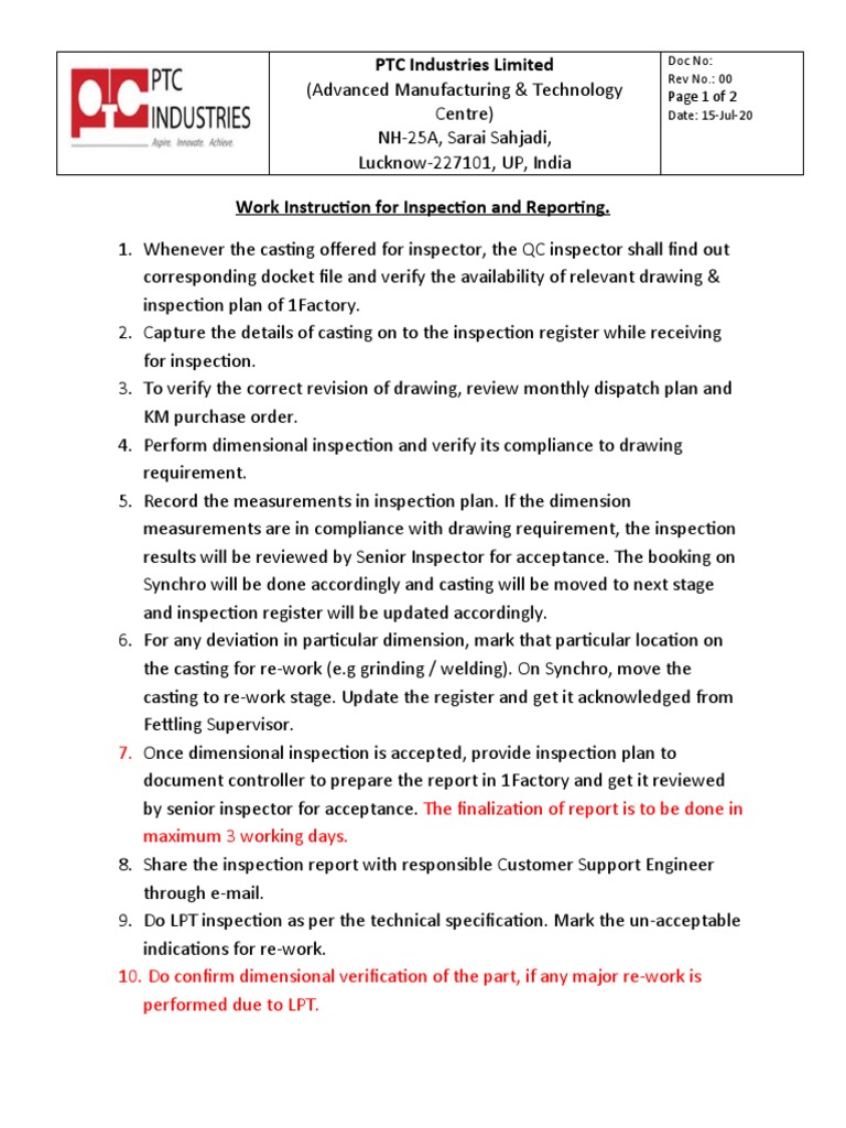 Work Instruction For Inspection & Reporting | PDF | Specification ...