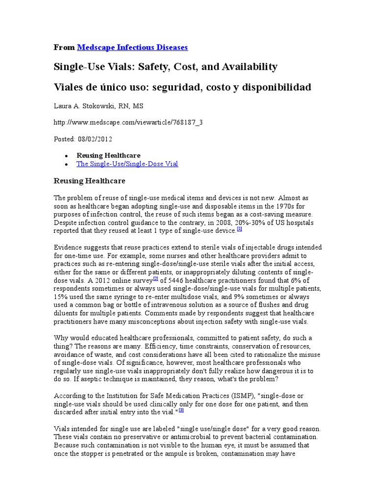 Reusing Single-Dose Vials. | PDF | Injection (Medicine) | Infection Control
