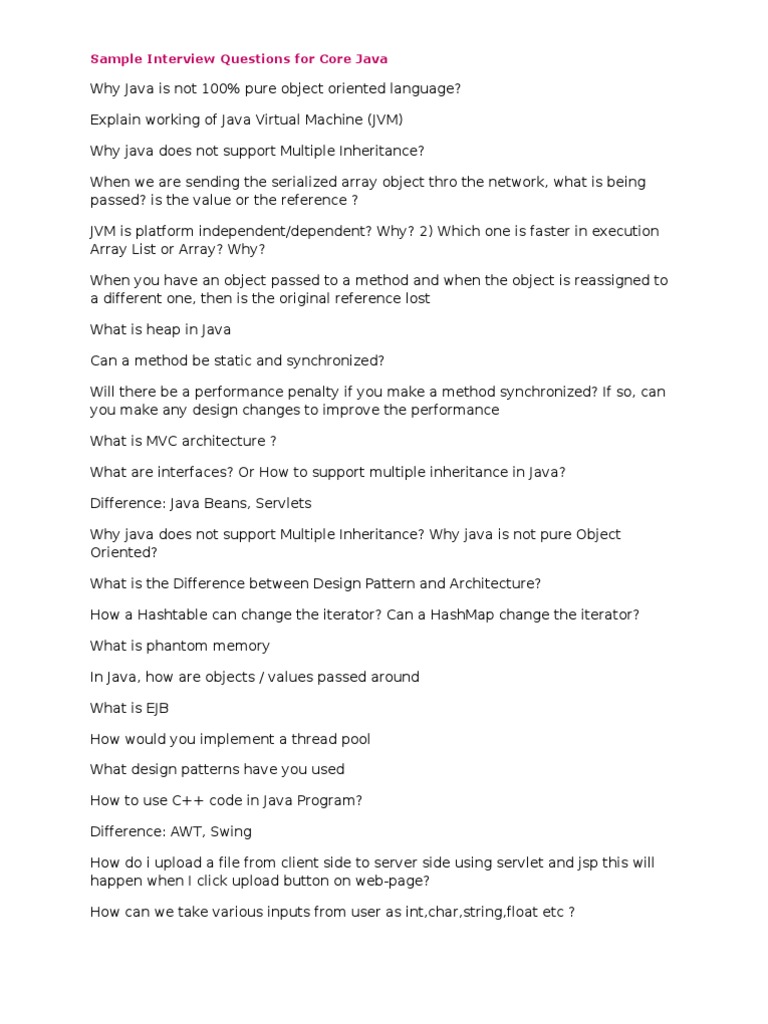 Sample Interview Questions For Core Java | PDF | Enterprise Java Beans | Java Servlet