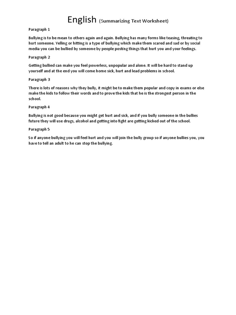 English: (Summarizing Text Worksheet) | PDF