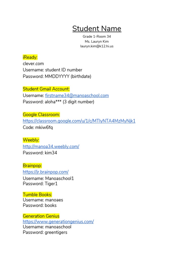 Example Student Info Sheet | PDF