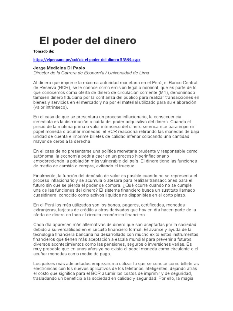 El Poder Del Dinero | PDF | Dinero | Requisito de reserva