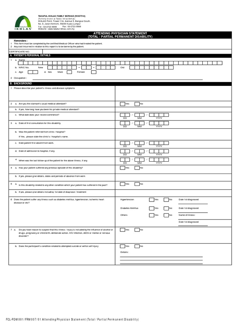 Attending Physician Statement (APS) - TPD - Family | PDF | Physician ...