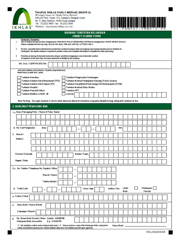 Borang Tuntutan Takaful Keluarga - Claim Form Family | PDF