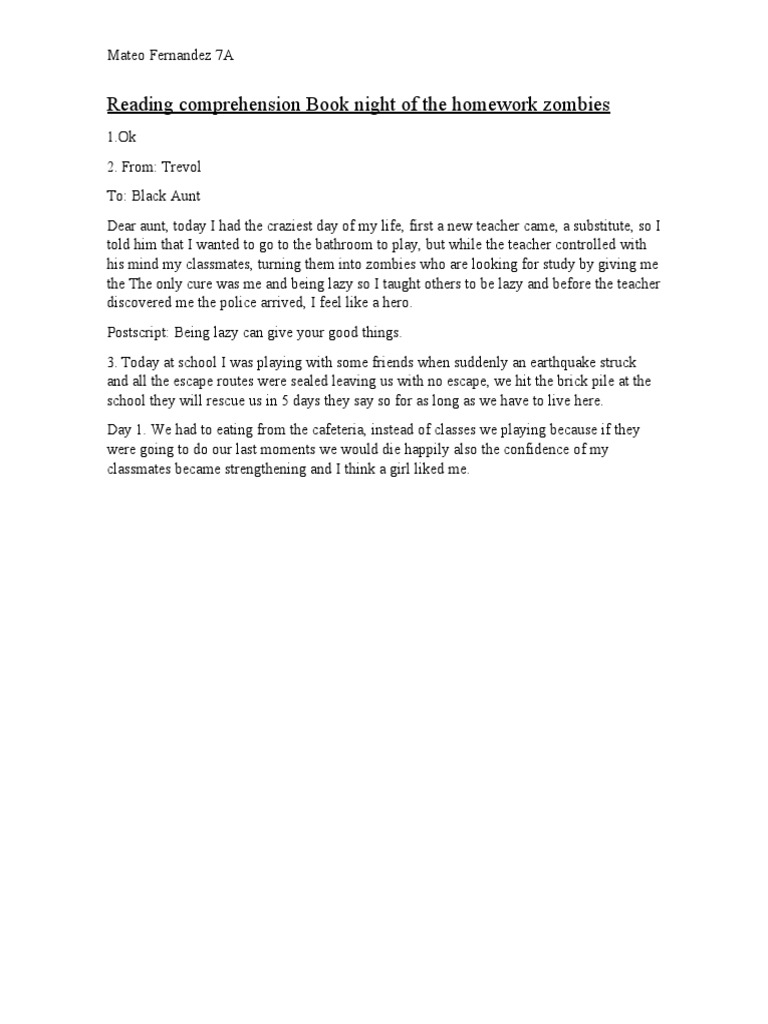 Reading Comprehension Book Night of The Homework Zombies | PDF | Poetry ...
