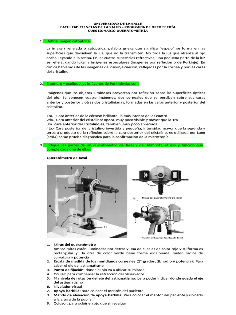 Cuestionario Queratometria | PDF | Córnea | Ojo humano