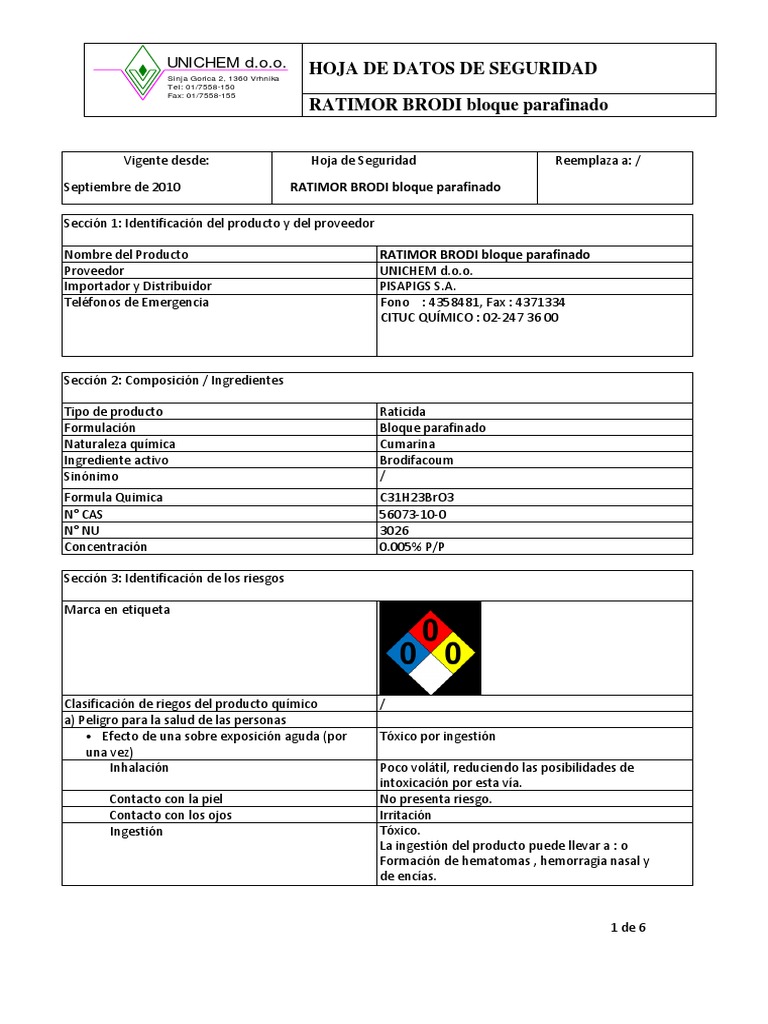 MSDS Ratimor Brodi Bloque Parafinado | PDF | Vertedero | Toxicidad
