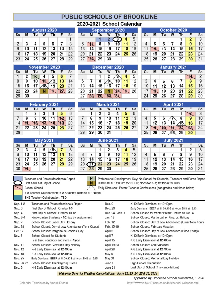 Brookline School Year Calendar 2020-2021 | PDF | Festival | The United ...
