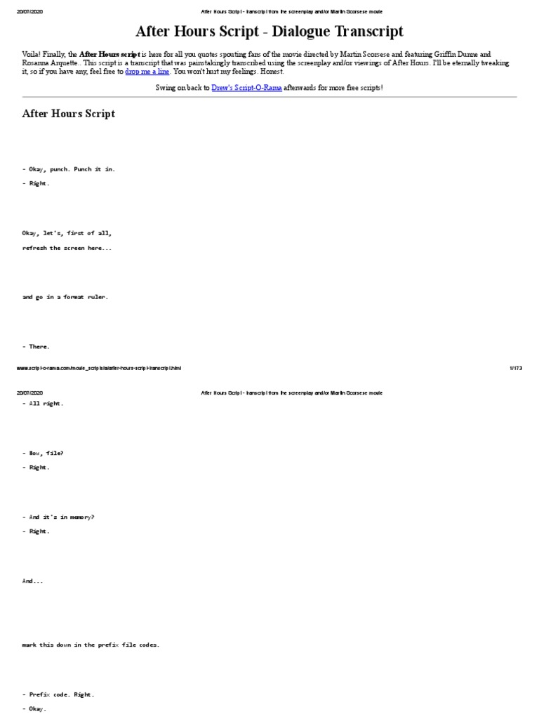 After Hours Script - Transcript From The Screenplay and - or Martin ...