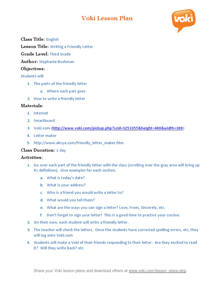 Third Grade Friendly Letter Lesson Plan | PDF | Career & Growth ...