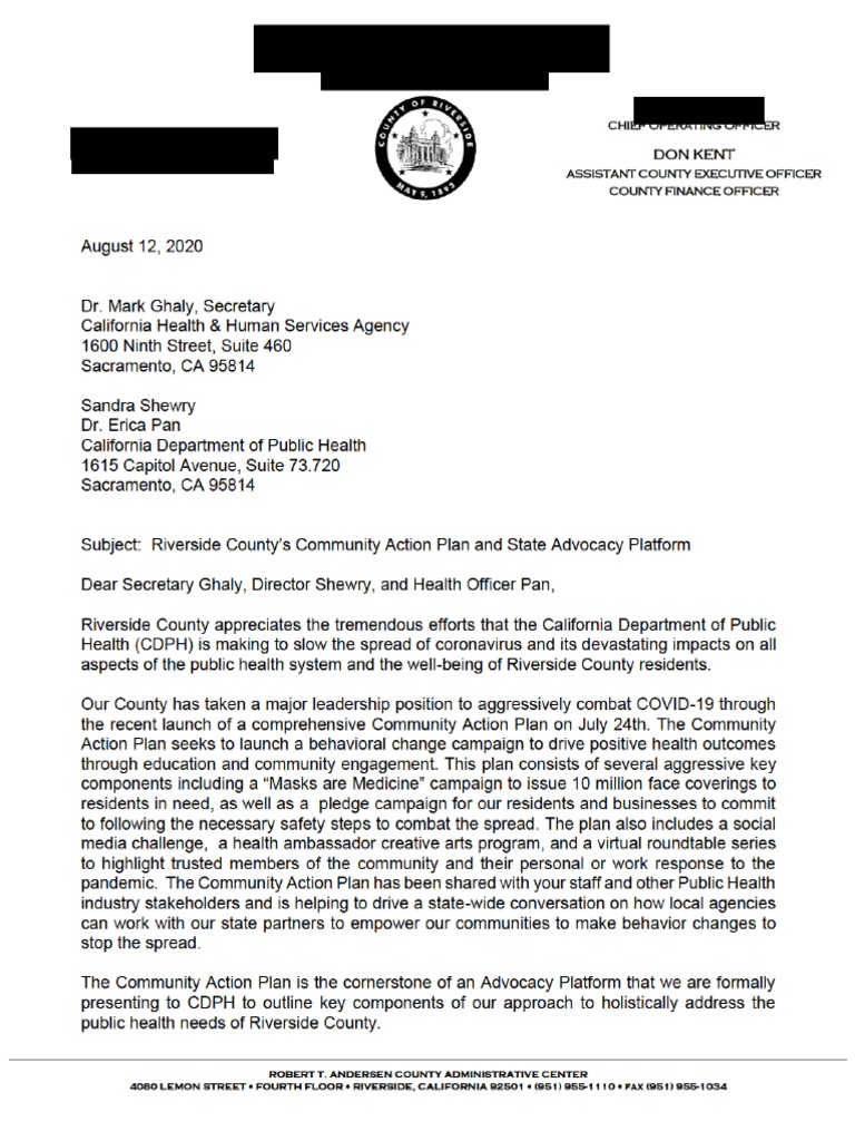 Riverside County Letter To CDPH Re: Reopening | PDF | Public Health ...