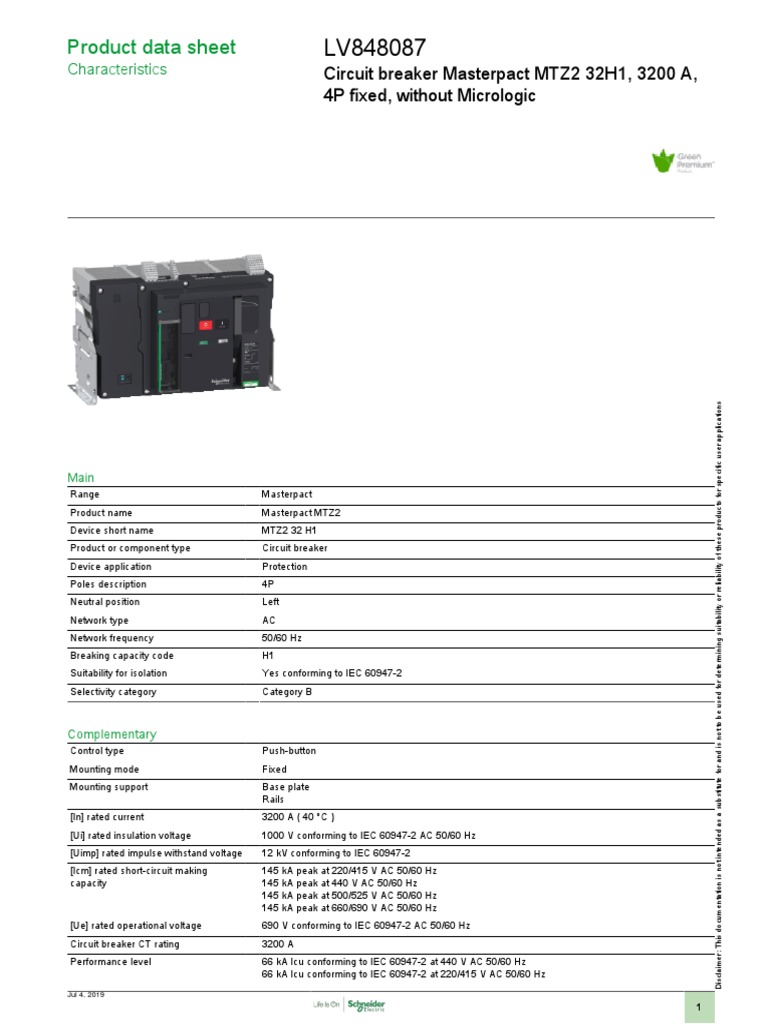 Product Data Sheet: Circuit Breaker Masterpact MTZ2 32H1, 3200 A, 4P ...