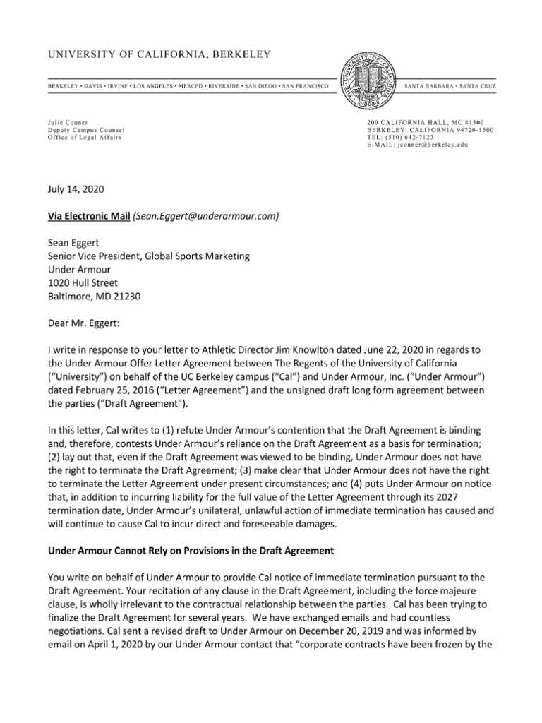 Letter From UC Berkeley Office of Legal Affairs to UA