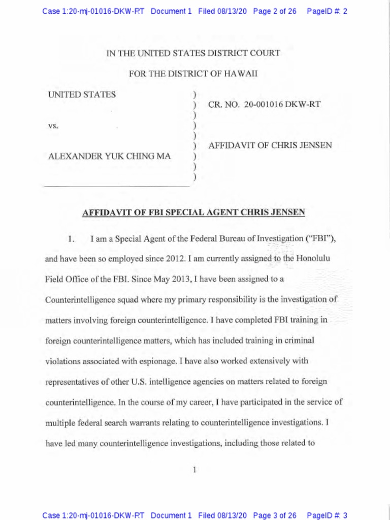 Affidavit in Espionage Case Against Alexander Yuk Ching Ma | PDF