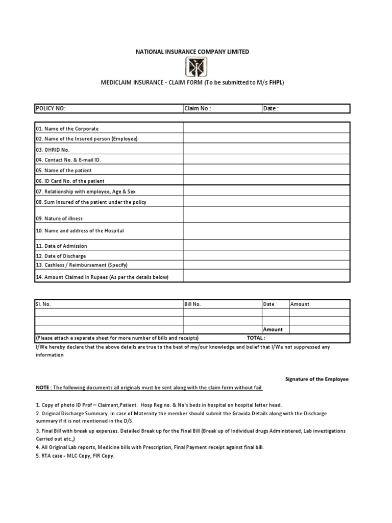 Mediclaim Insurance - Claim Form (To Be Submitted To M/S FHPL) | PDF