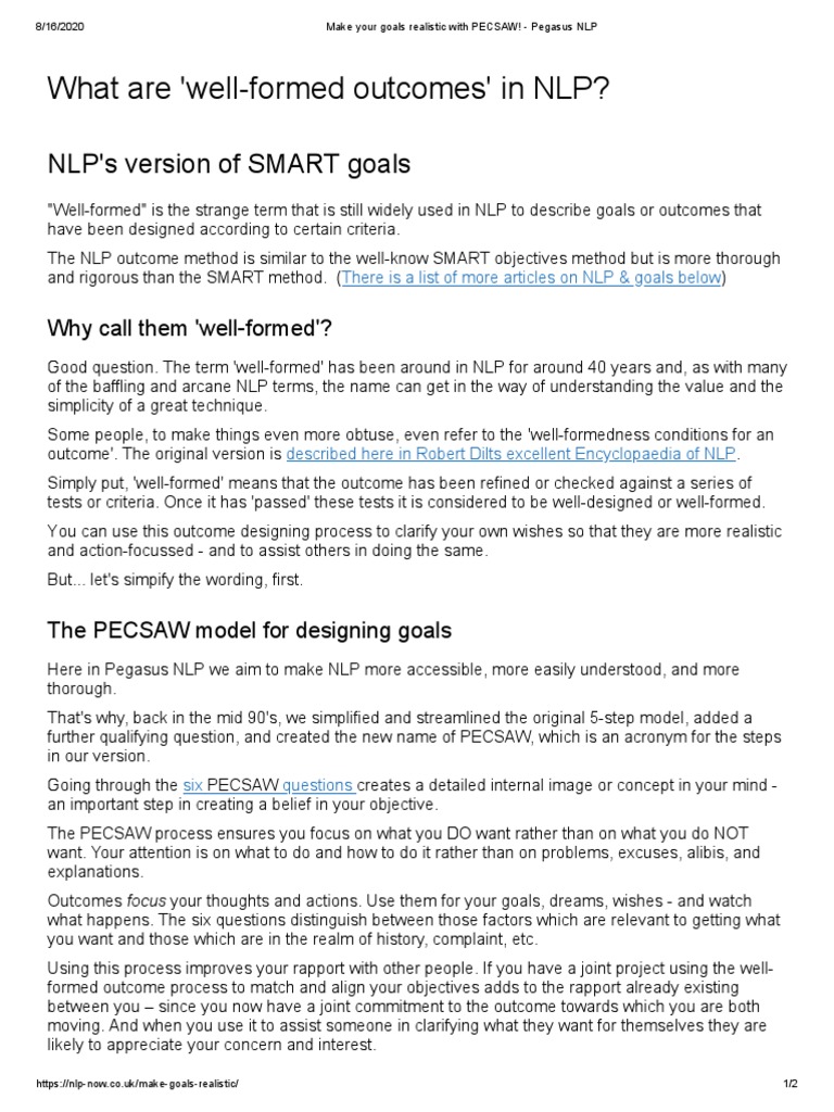 Make Your Goals Realistic With PECSAW! - Pegasus NLP | PDF | Psychology ...