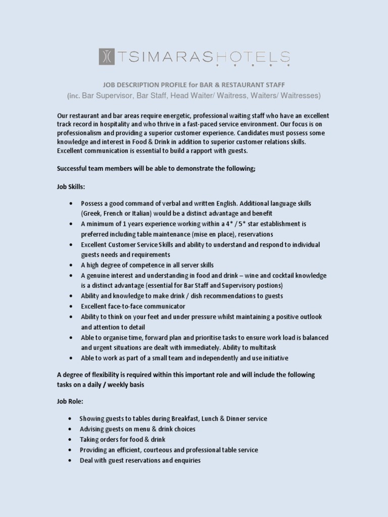 1 JOB DESCRIPTION PROFILE For BAR & RESTAURANT STAFF | PDF | Waiting ...
