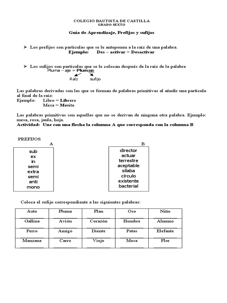 Guía de Aprendizaje Cuarto Prefijos y Sufijos | PDF