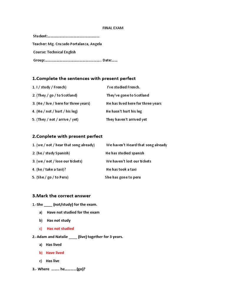 Present Perfect Grammar Exam | PDF | Language Arts & Discipline