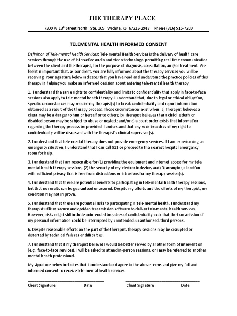 Telemental Health Informed Consent | PDF | Confidentiality | Psychotherapy