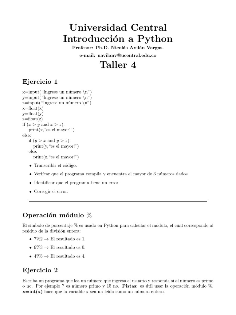Taller Python 4 | Descargar gratis PDF | Python (lenguaje de programación) | Programación de ...
