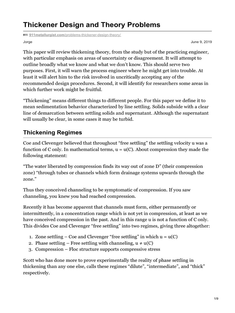 Thickener Design and Theory Problems | PDF | Theory | Pressure