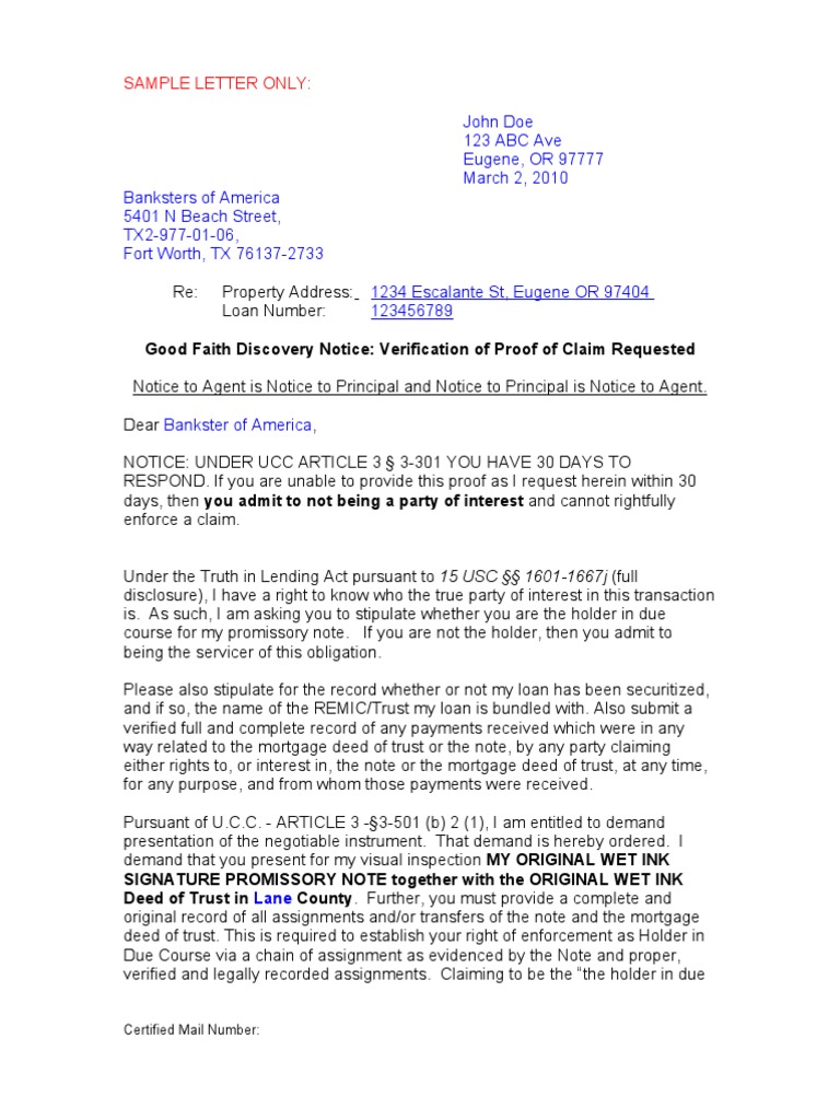 1st letter sample, demand for PROOF OF CLAIM | Promissory Note | Deed ...