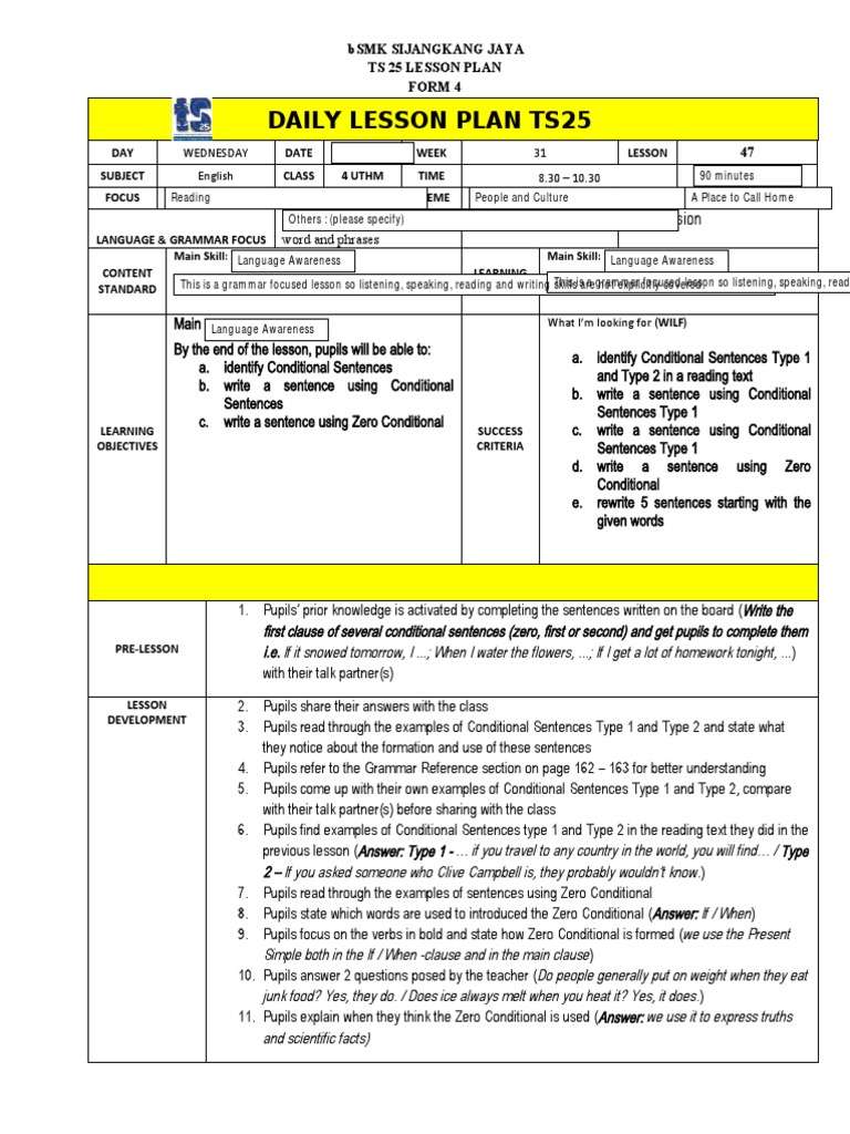 Daily Lesson Plan Ts25: Word and Phrases | PDF | Sentence (Linguistics ...