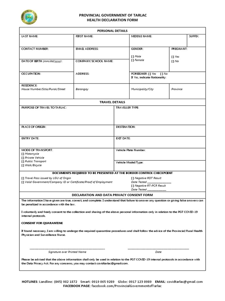 PGT Health Declaration Form PDF | PDF | Privacy | Government And Personhood