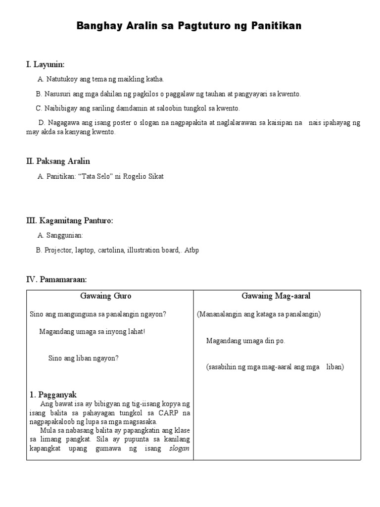 Banghay Aralin Sa Pagtuturo NG Panitikan | PDF