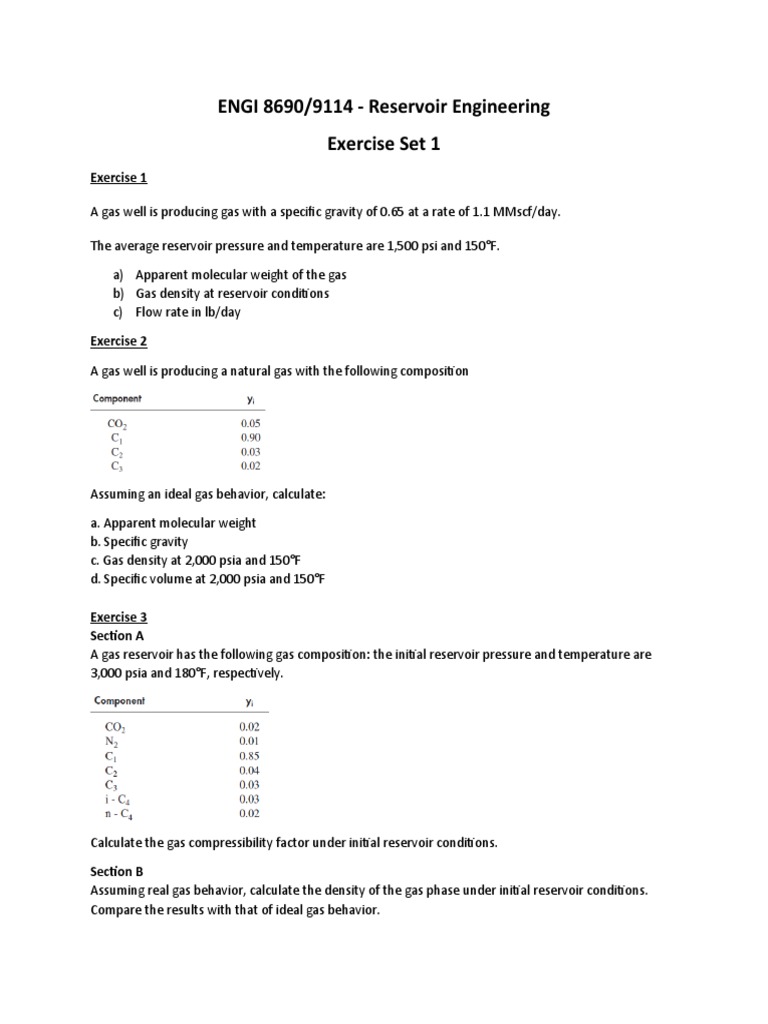 Reservoir Engineering Exercise Set 1 | PDF | Gases | Petroleum Reservoir