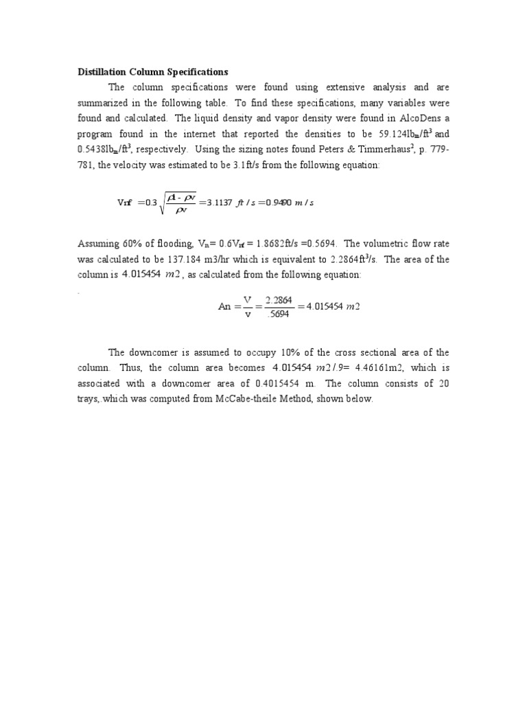 Distillation Column Specs and Calculations | PDF | Distillation ...