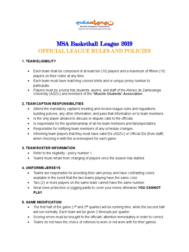 Official League Rules and Policies: 1. Team Eligibility | PDF ...