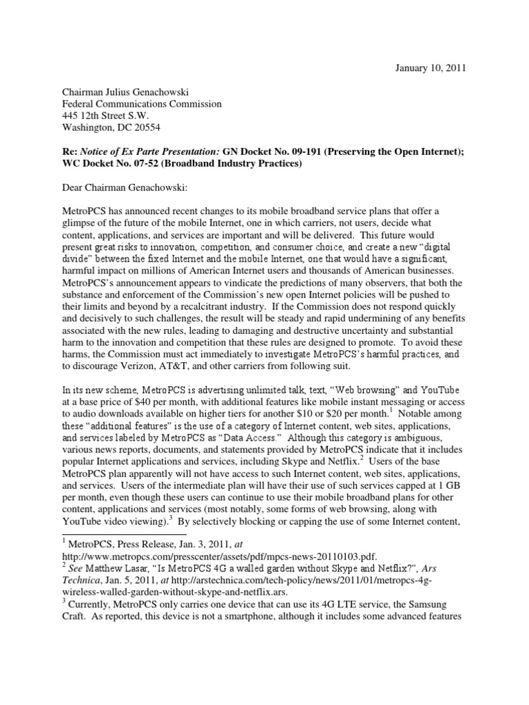 Metro PCS Letter | Download Free PDF | Net Neutrality | Internet Access