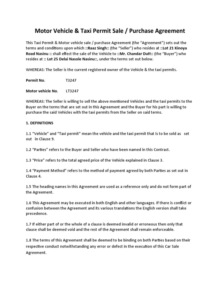 Motor Vehicle & Taxi Permit Sale / Purchase Agreement | PDF | Sales ...