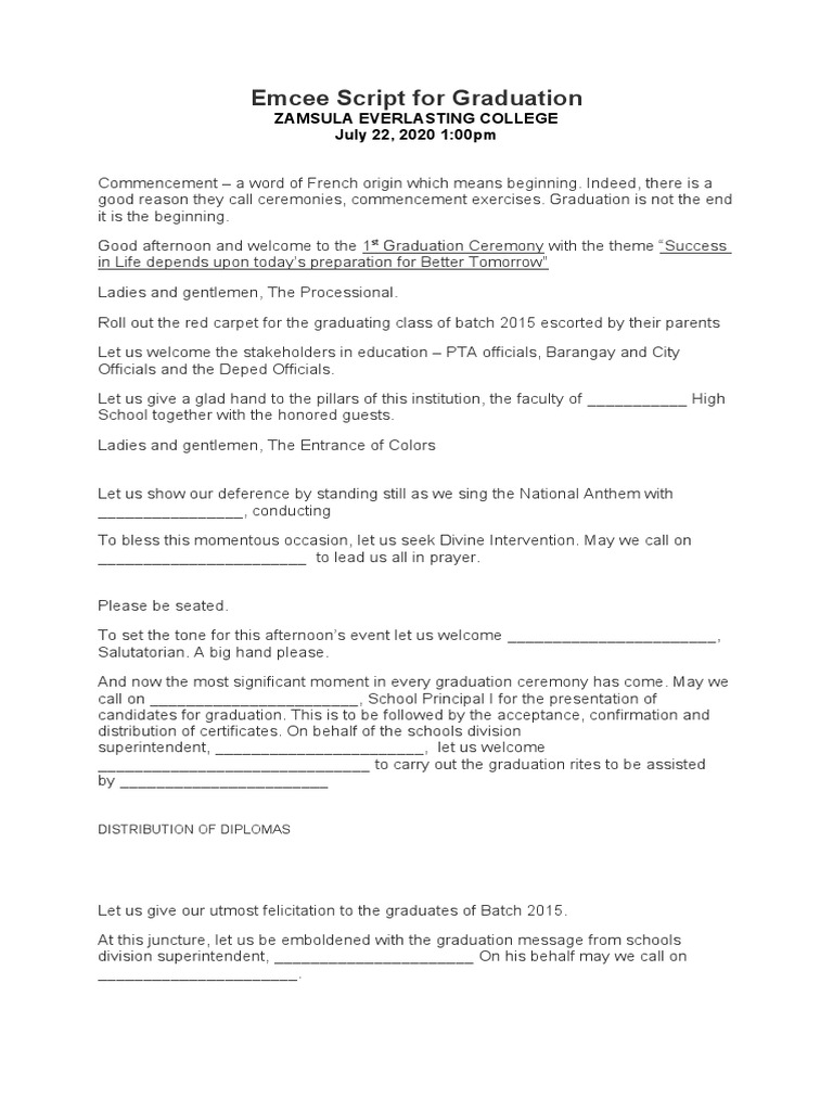 Emcee Script For Graduation: Zamsula Everlasting College July 22, 2020 ...