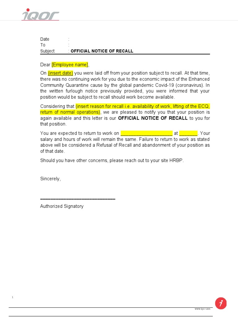 Date: To: Subject: Official Notice of Recall | PDF