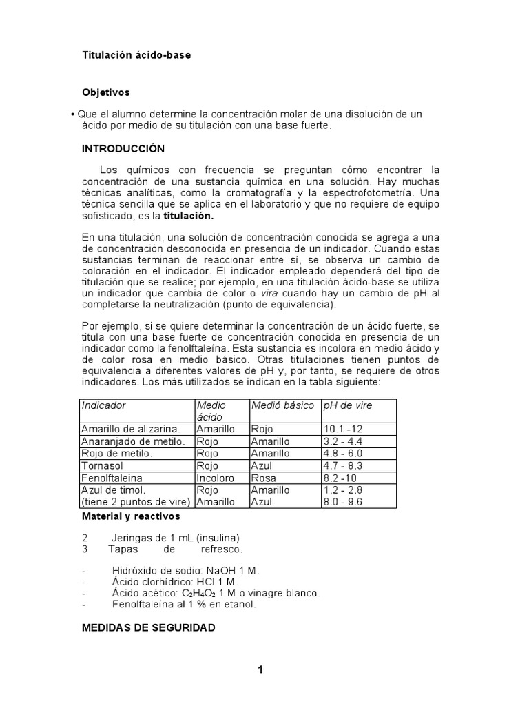 Determinación de la concentración de ácidos mediante titulación ácido ...