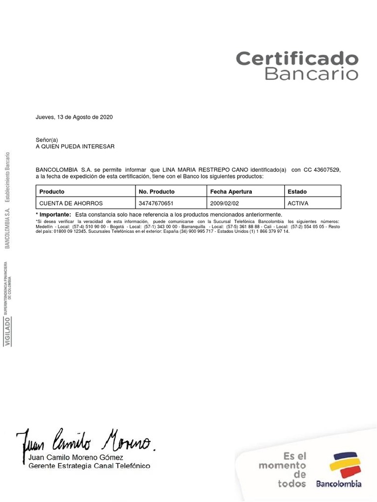 Certificado de La Cuenta Bancaria | PDF