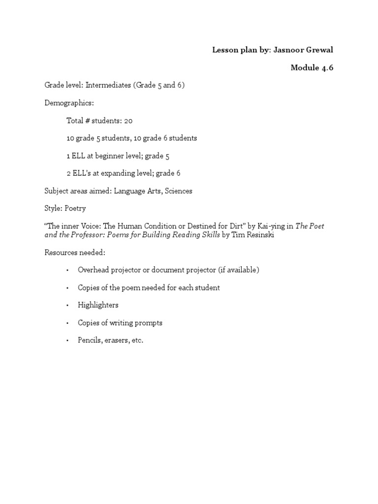 Poetry Lesson Plan for Grades 5-6 | PDF | Educational Assessment ...