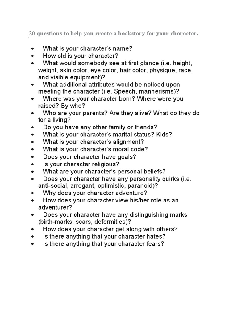 20 Questions for Character Backstory | PDF