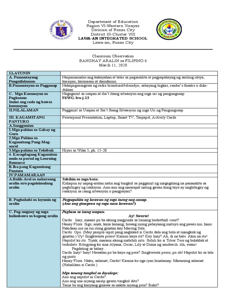 Cot DLP - Filipino 6 - Q4 | PDF
