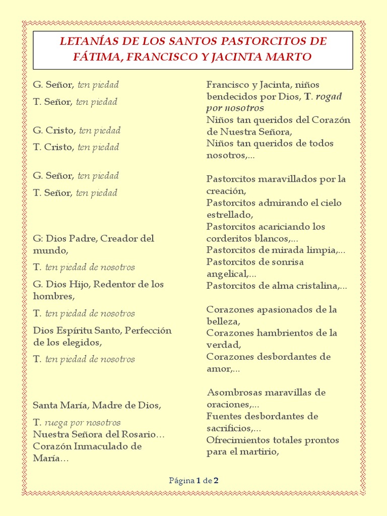 Letanías de los Pastorcitos de Fátima | PDF | María, madre de Jesús ...