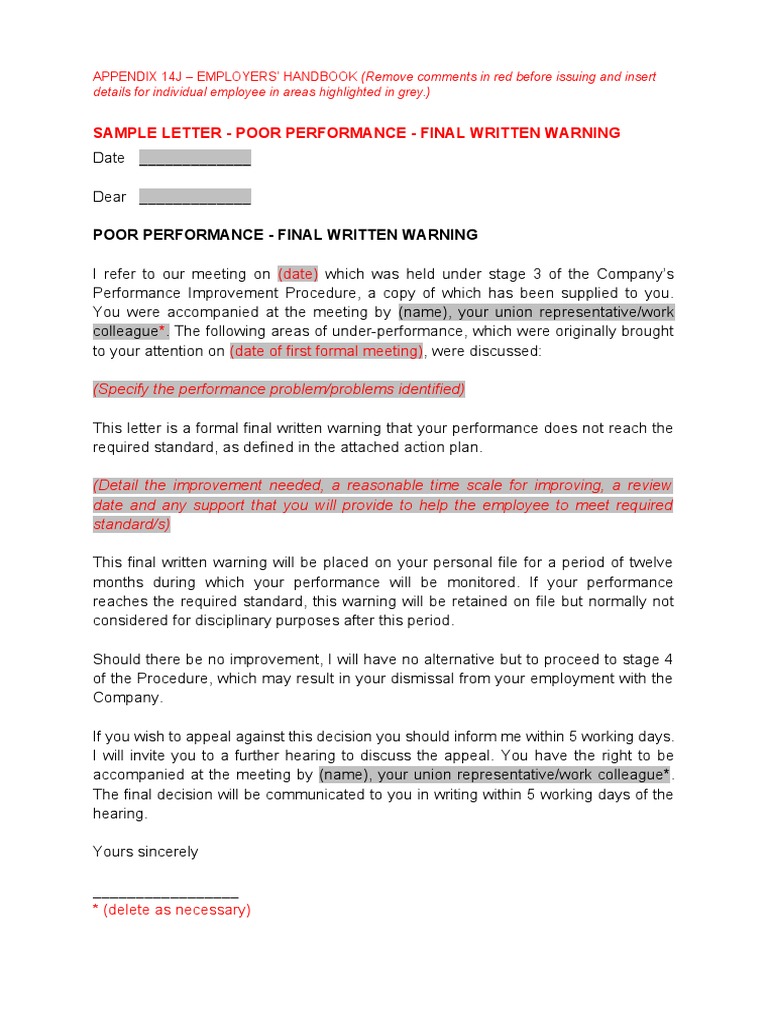 14J Sample Letter of Final Written Warning Due To Poor Performance | PDF