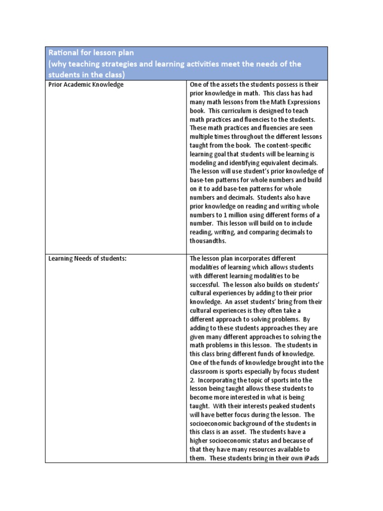 Rational For Lesson Plan | PDF | Lesson Plan | Neuropsychological ...