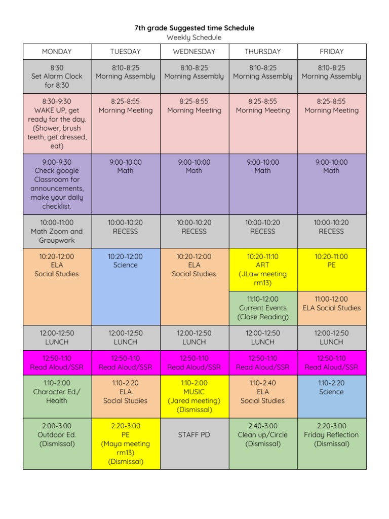 7th Grade Weekly Schedule Template | PDF | Schools | Learning