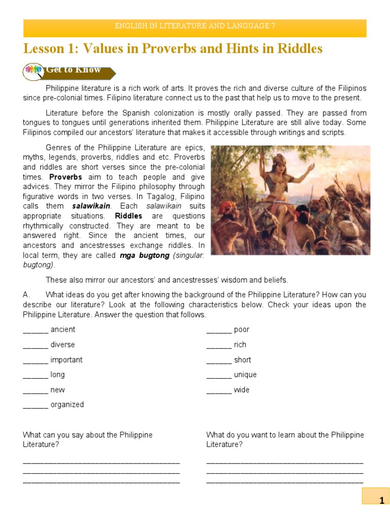 Lesson 1: Values in Proverbs and Hints in Riddles: Get To Know | Download Free PDF | Riddle ...